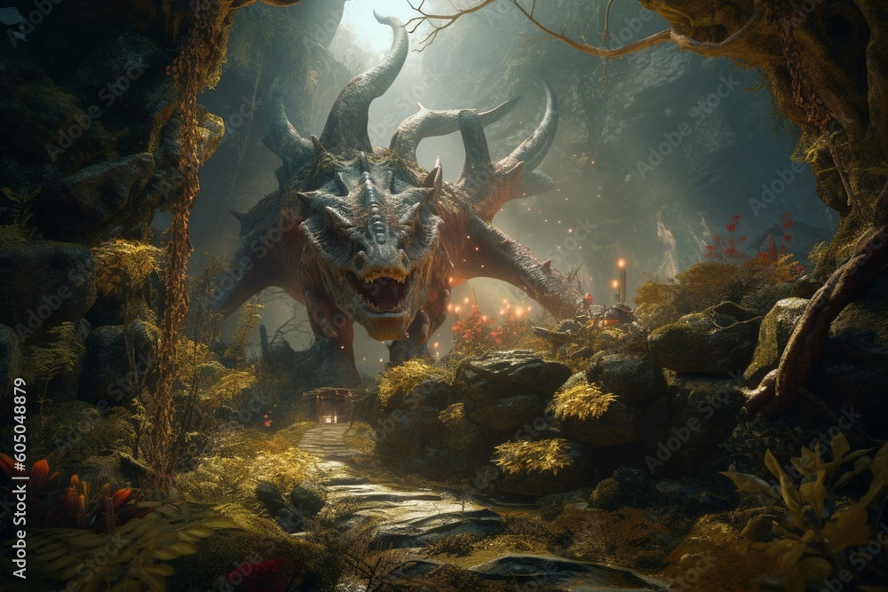 Fantastical nature scene in a digital game world with mythological ...