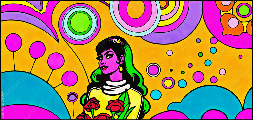 A fun 1960s or 1970s style psychedelic illustration of a woman with ...