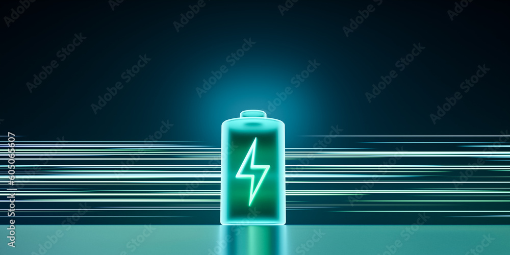 Poster Glowing green power neon futuristic energy storage, high ...