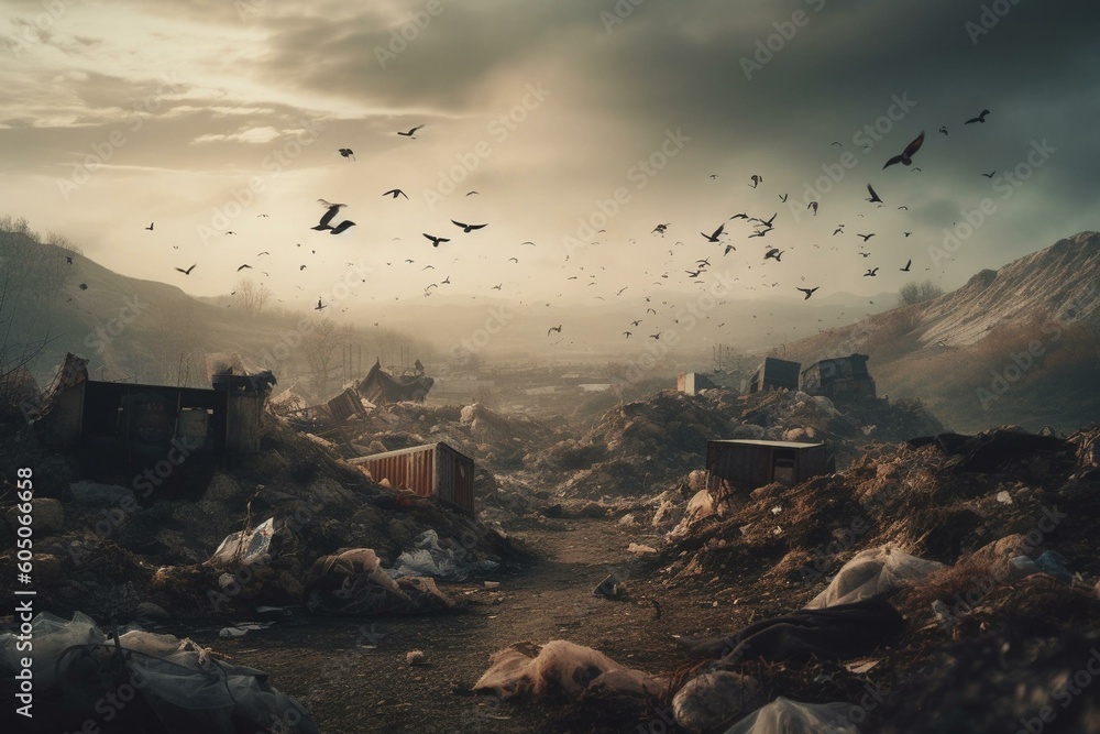 Overflowing landfill with trash mountains and birds, emitting putrid ...