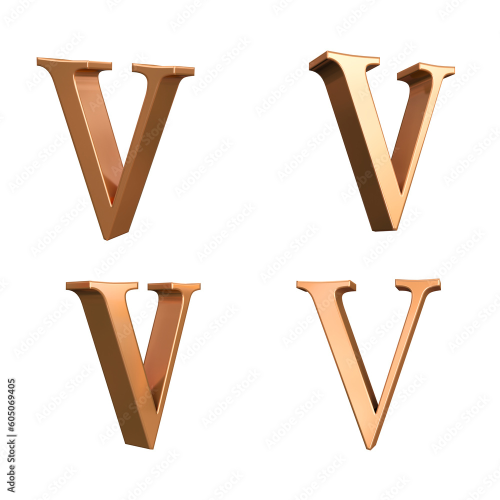Golden alphabet capital letters V, 3d font render with 4 different ...