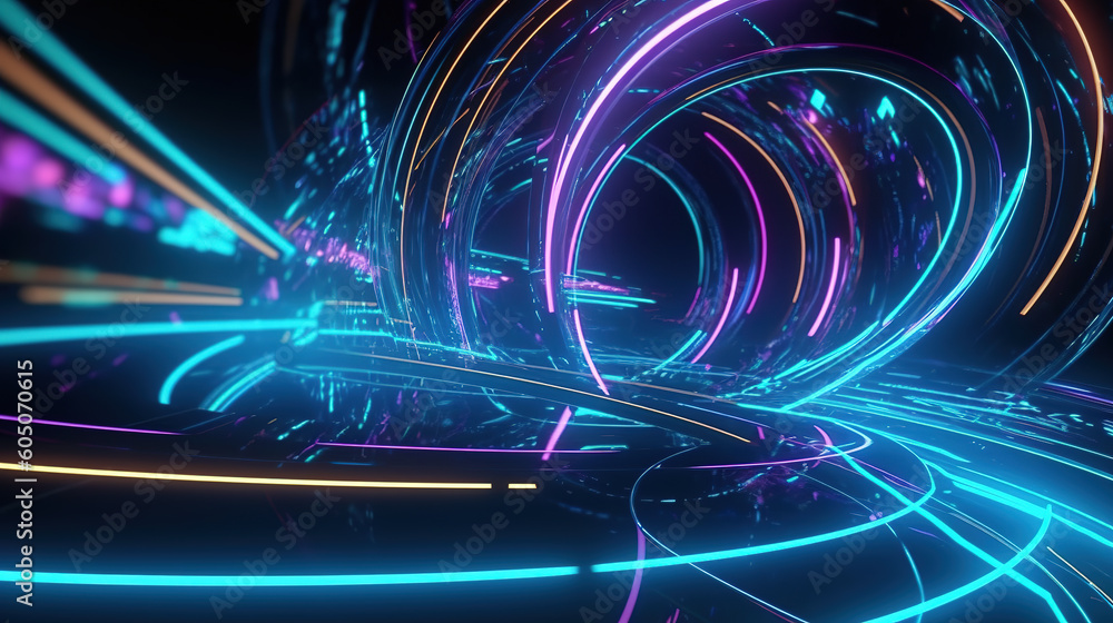3d abstract futuristic neon background with spinning glowing lines ...