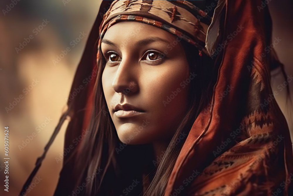 Beautiful art of native american indian woman poster. Fictitious person ...