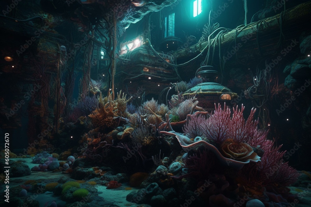 Sci-fi coral reef with circuit patterns and aquatic creatures. Inspired ...