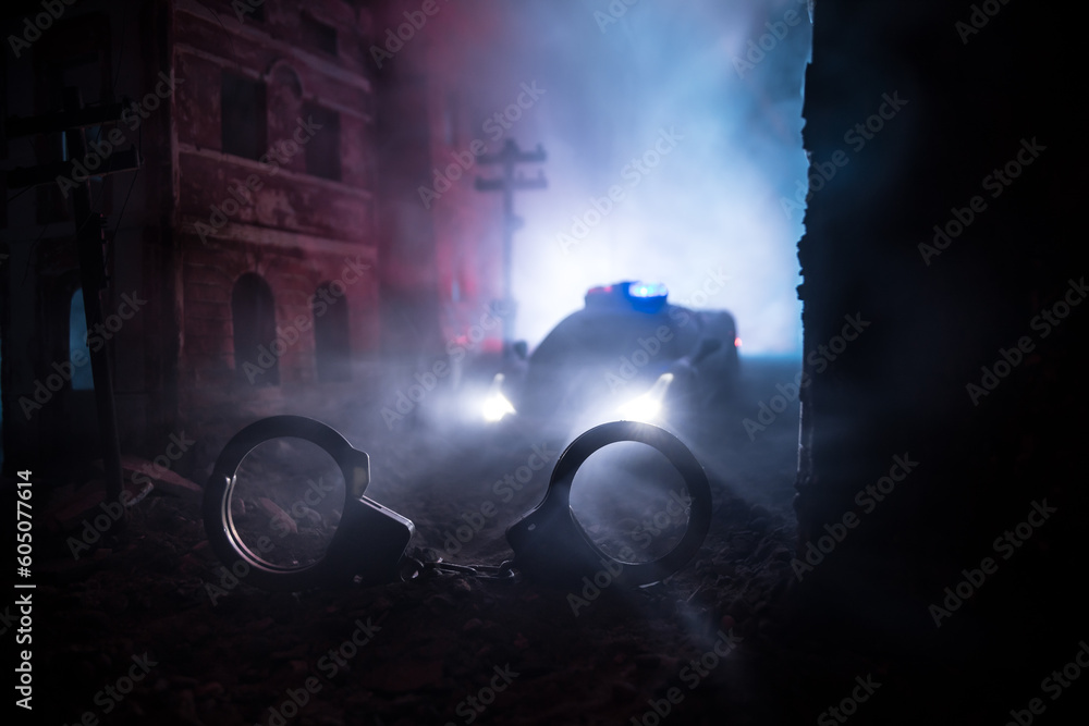 Police raid at night and you are under arrest concept. Silhouette of ...
