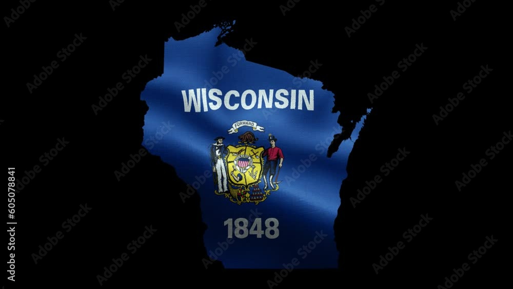 4K waving detailed textured flag of Wisconsin animation on the map ...