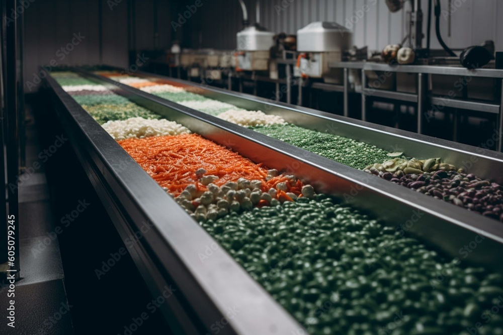 Sorting vegetables by size on conveyor belt at food factory. Generative ...