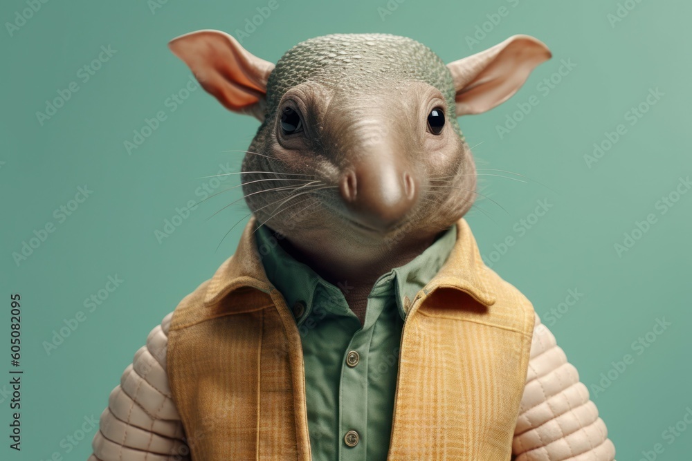 Anthropomorphic Armadillo dressed in human clothing. Humanized animal concept. AI generated ...