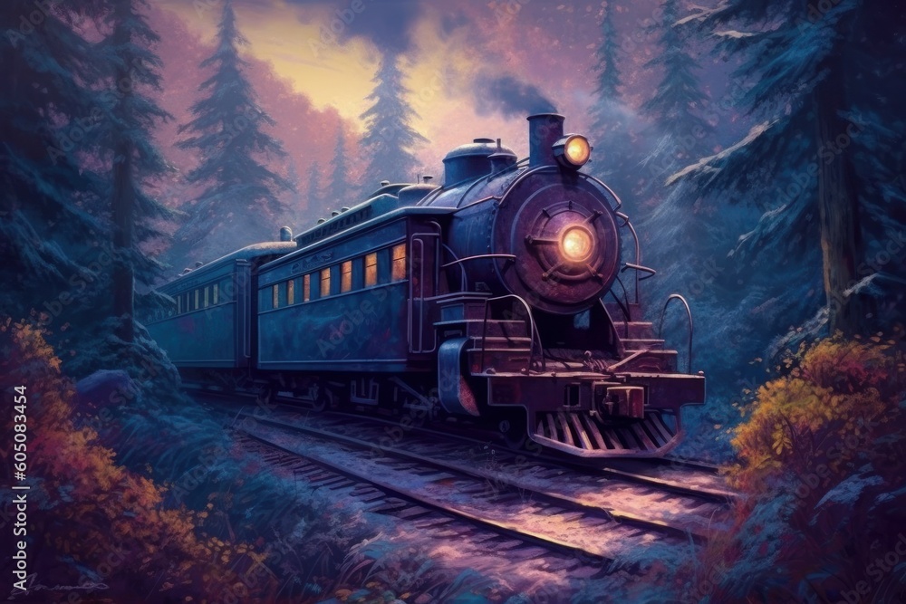 Train rides in a forest area, retro style. Vintage steam locomotive. AI ...