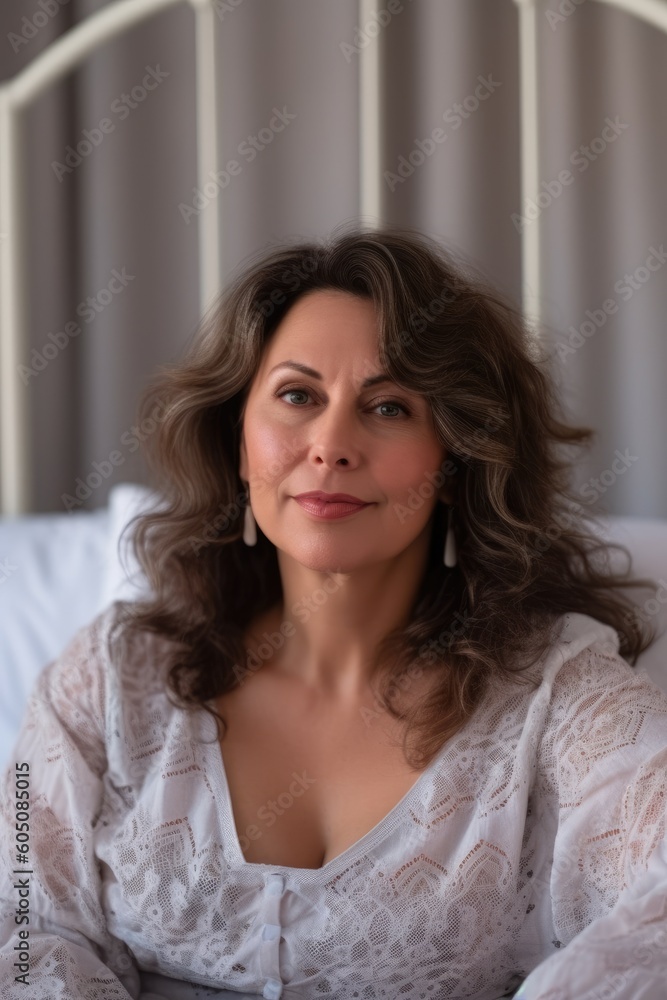 Very attractive mature women posing sitting at her bedroom looking at ...