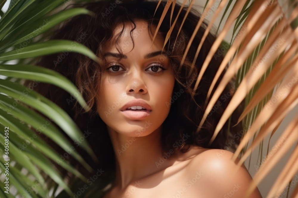 Beautiful mulatto young woman in green and dry palm leaves ...
