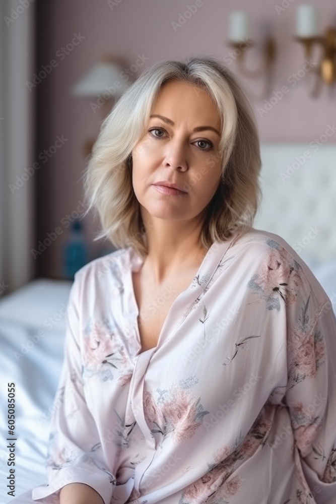 Very attractive mature women posing sitting at her bedroom looking at ...