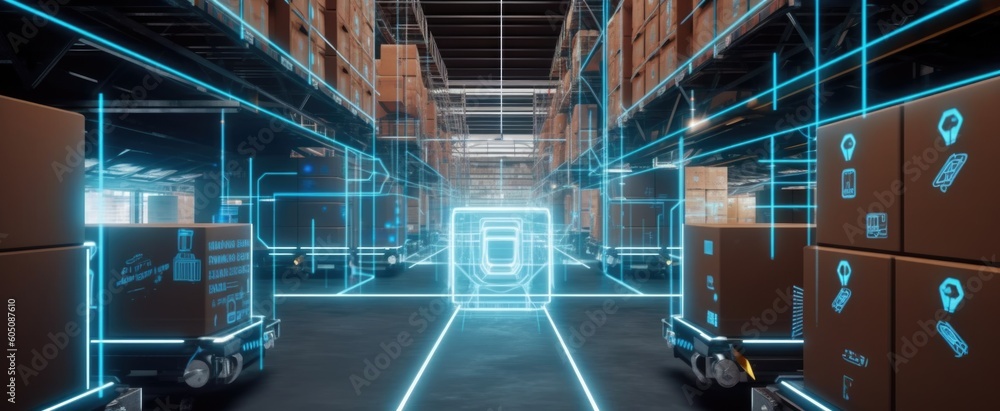 Smart warehouse with transporter robots and holographic dashboard ...
