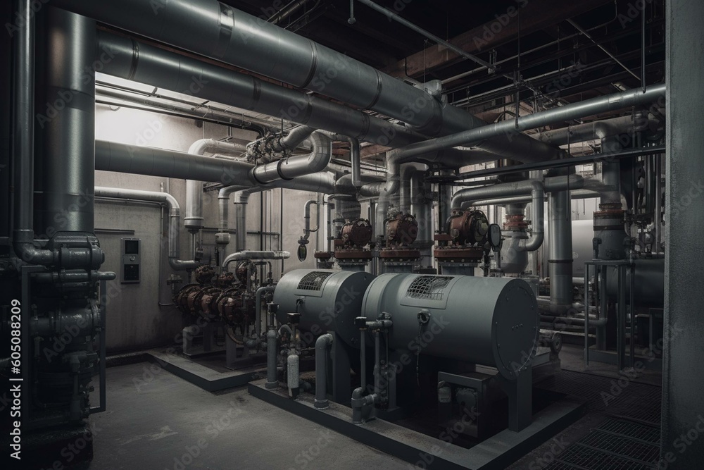 An industrial facility featuring water condenser pump, HVAC systems ...