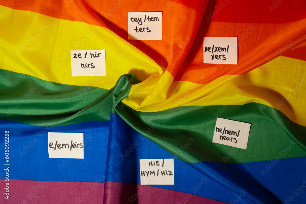 Neo pronouns concept. Rainbow flag with paper notes text gender ...