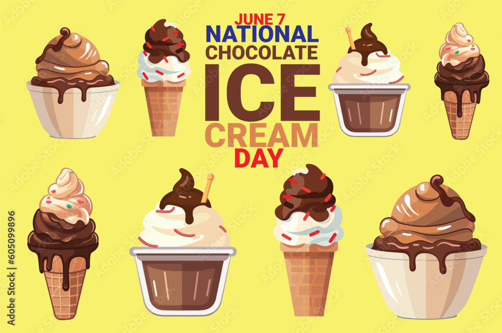 chocolate ice cream set. cup and cone. melted. with bold text isolated ...