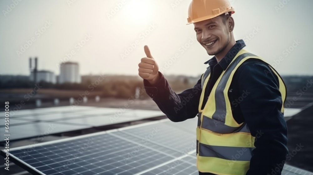 Engineer shows a thumbs up sign for showing good condition solar panels ...