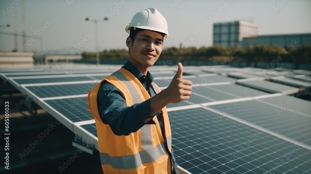 Engineer shows a thumbs up sign for showing good condition solar panels ...