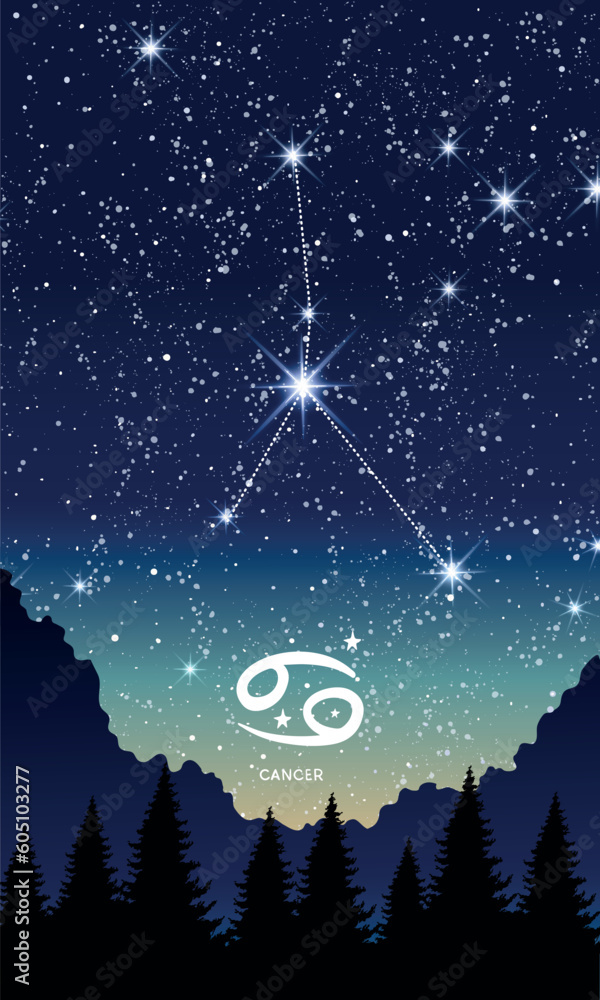Cancer zodiac sign, horoscope constellation in the night sky, landscape ...