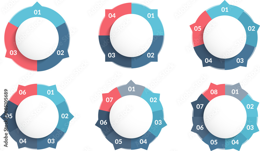 Circle diagram templates set - 3, 4, 5, 6, 7 and 8 elements, circle ...