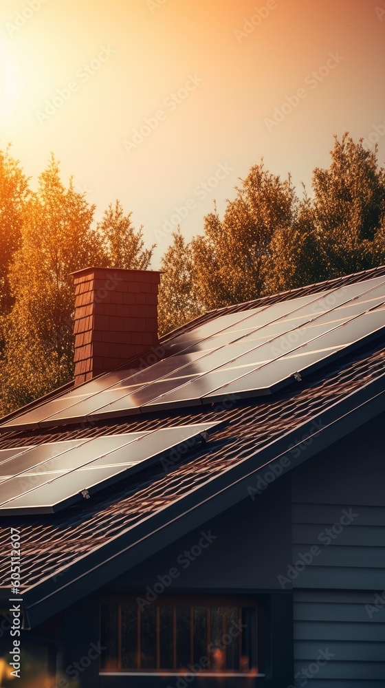 Black solar panels are installed on a house on a clear sunny day. Power ...