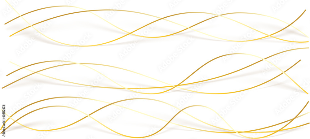 3d wavy gold lines swoosh on white background. Luxury beauty thin curves, swirl as stream flow ...