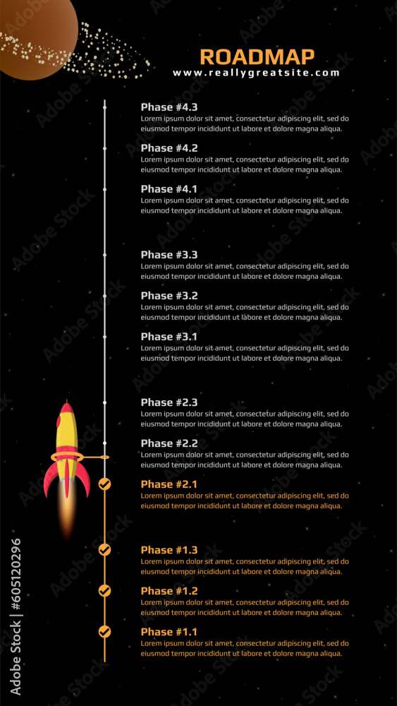 Vertical roadmap with rocket and milestones on space black background ...