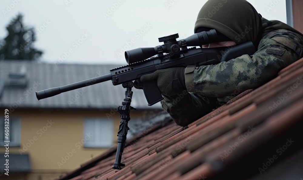 Alone on the roof, the sniper scoped out his target Creating using ...