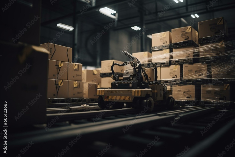 Automated machines handling cartons using mechanical arms and forklifts ...