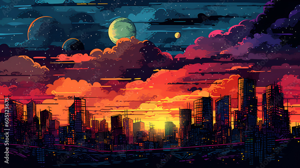 Colorful comic scene background with city silhouette Generative AI ...