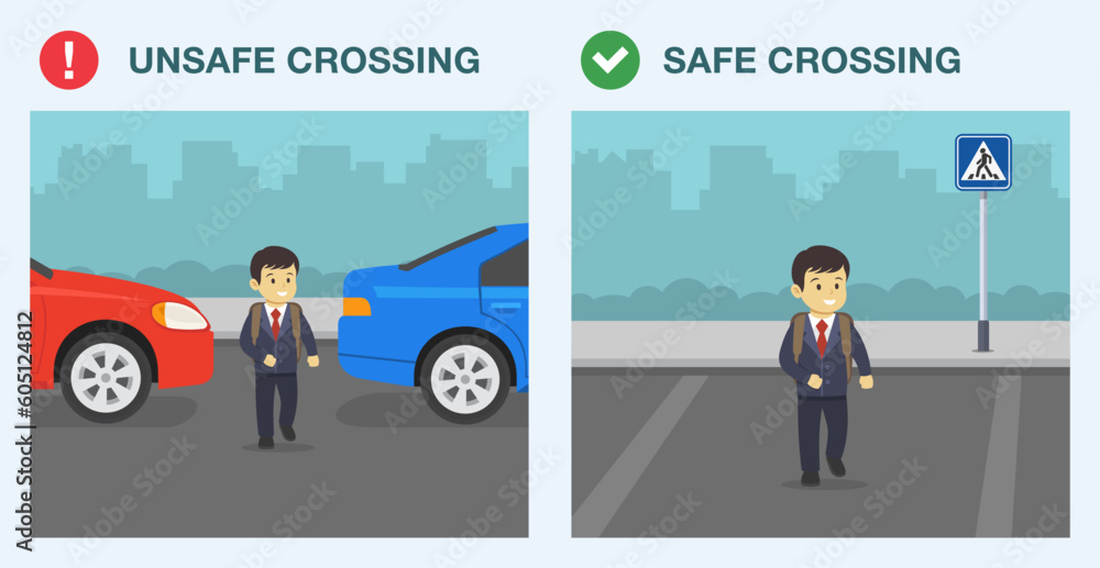 Pedestrian safety tips and rules. Safe and unsafe crossing. Male school ...