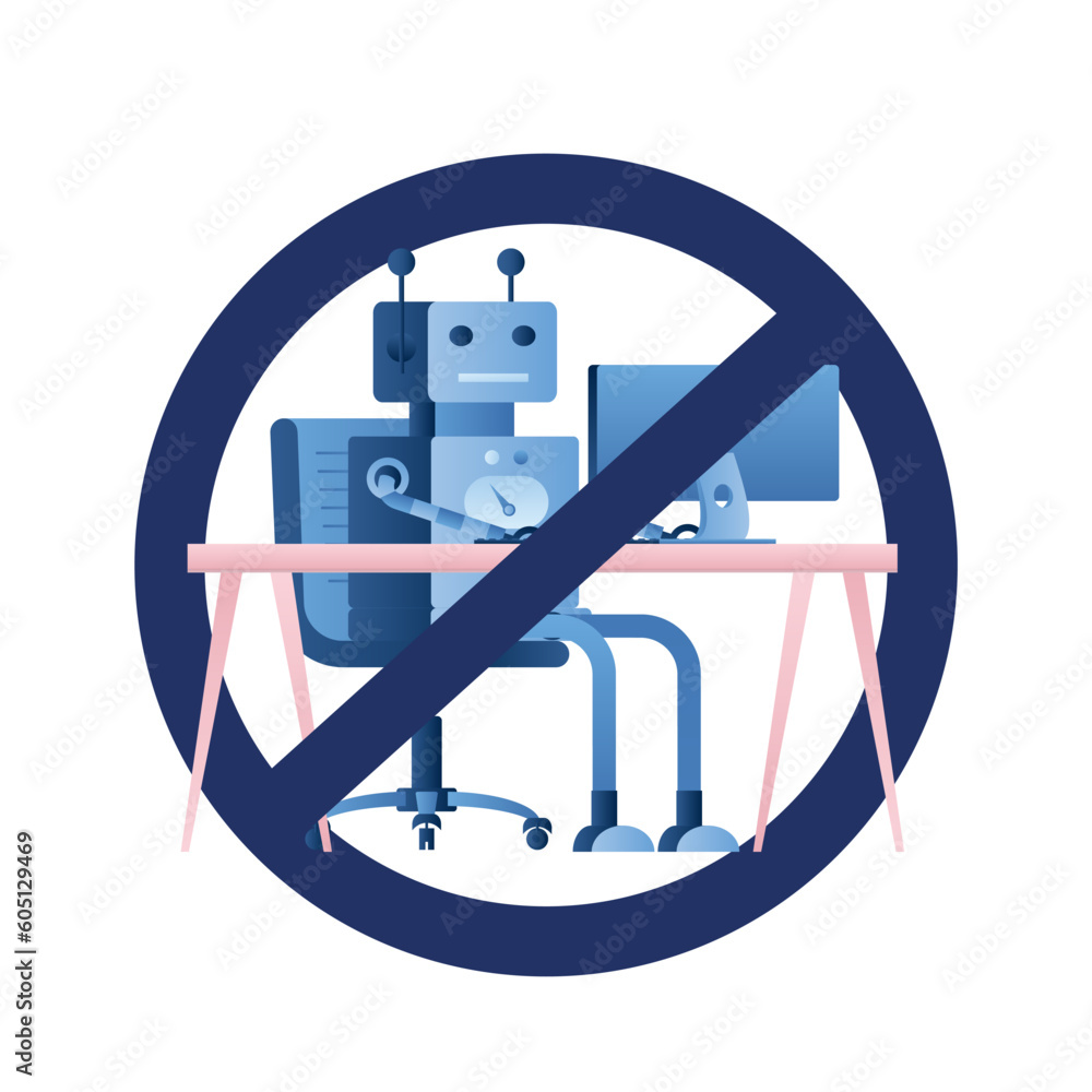 Ban robots sign crossed out, future fear concept. Blue sign prohibiting ...