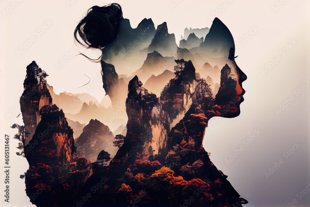 Double exposure face of Asian woman with Zhang jia jie mountain ...