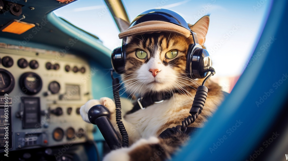 A cat dressed as a pilot, sitting in the cockpit of an airplane holding ...