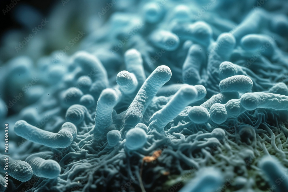 Macro close up shot of blue bacteria and virus cells in a scientific ...
