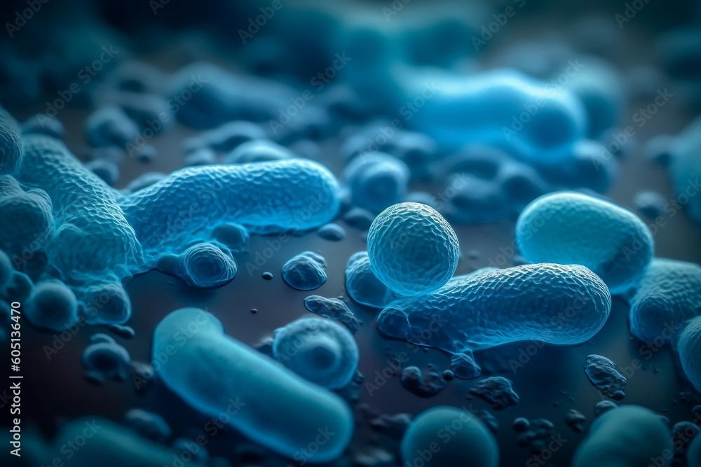 Close up macro shot of blue bacteria and virus cells in a scientific ...