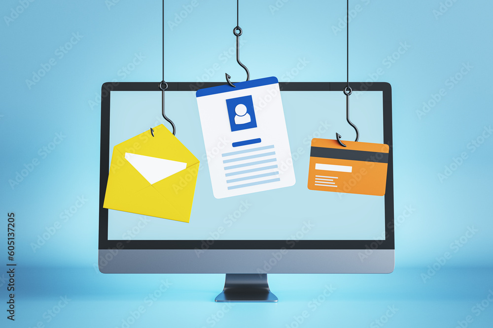 Phishing attack, cybercrime, hacking and malware concept with fish ...