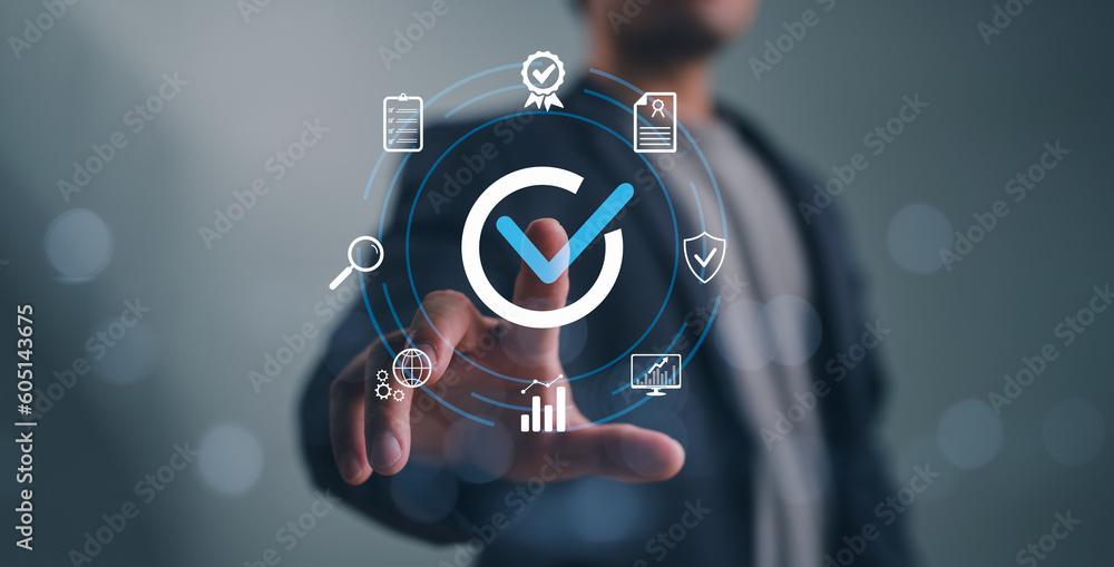 Quality control Businessman touch on virtual correct sign or tick mark ...