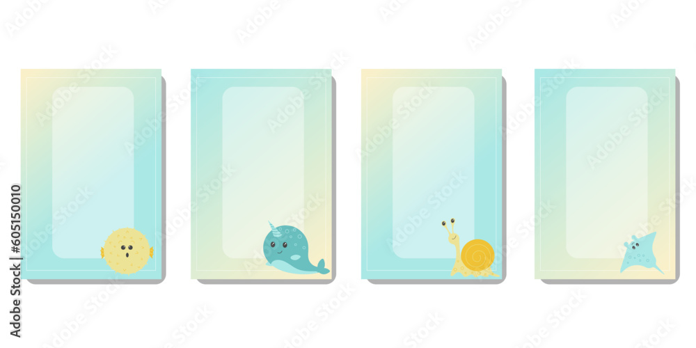 Frame template with cartoon sea animals. Ocean rectangle composition ...