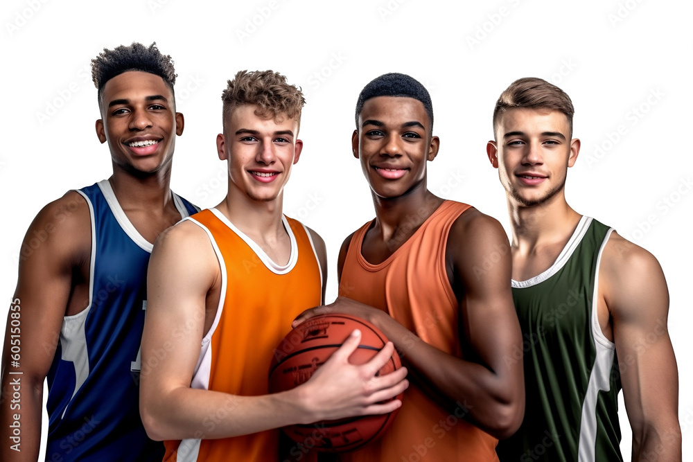 Multi ethnic group of young men basketball players team, in sports ...