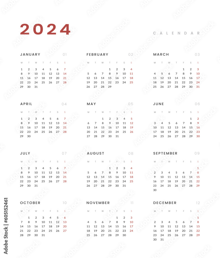 2024 Annual Calendar template with transparent background. Vector ...