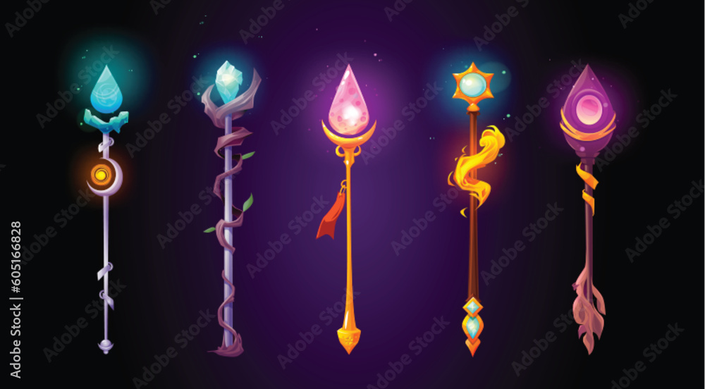 Magic wands, wizard staves, fantasy game weapon. Magician gold and ...
