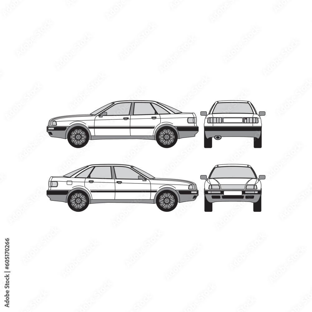 sedan car outline, year 1994, isolated white background, front, back ...