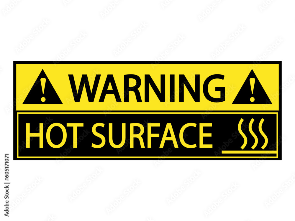 Warning, hot surface. Hazard sign with text, symbols of heat and alert ...
