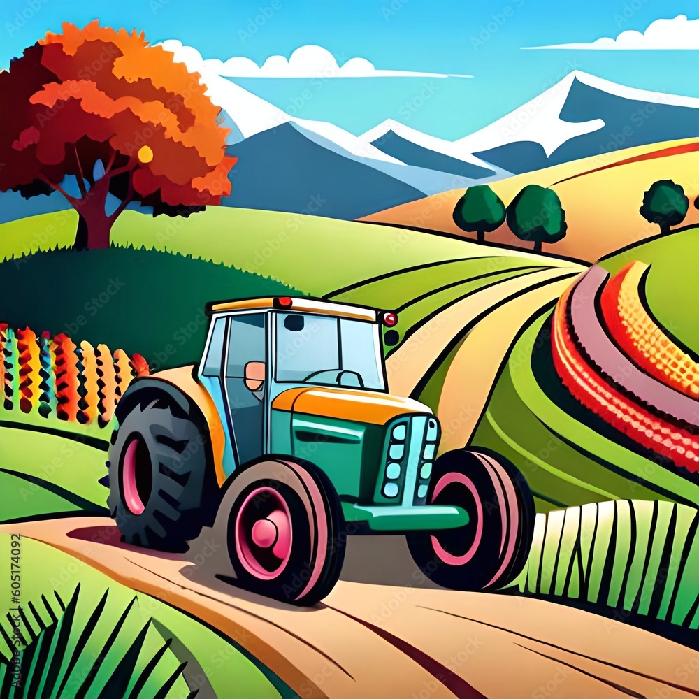 Tractor in the field Agricultural landscape Vector illustration Cartoon ...