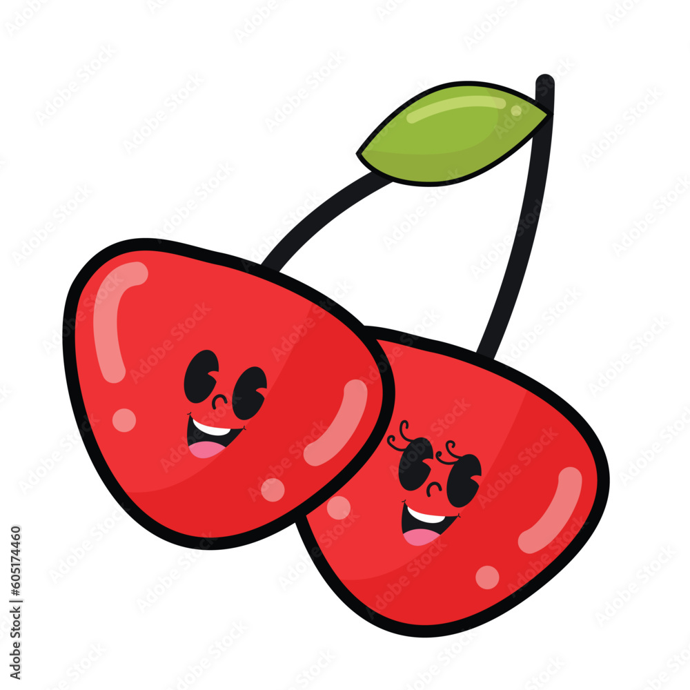 vector cartoon of a pair of cute and funny red cherries with green ...