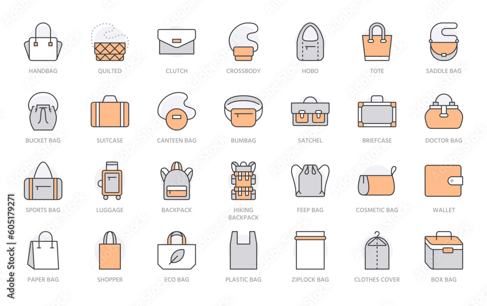 Bags line icon set. Purse types - tote, briefcase, fanny pack, shopper ...