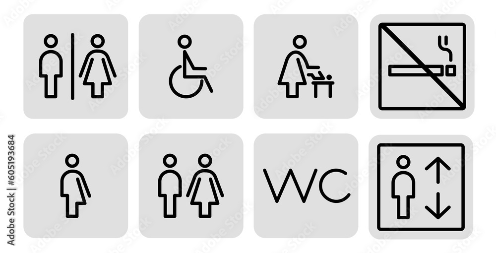 Wayfinding wc icons. Toilet line symbols. Vector illustration. Stock ...