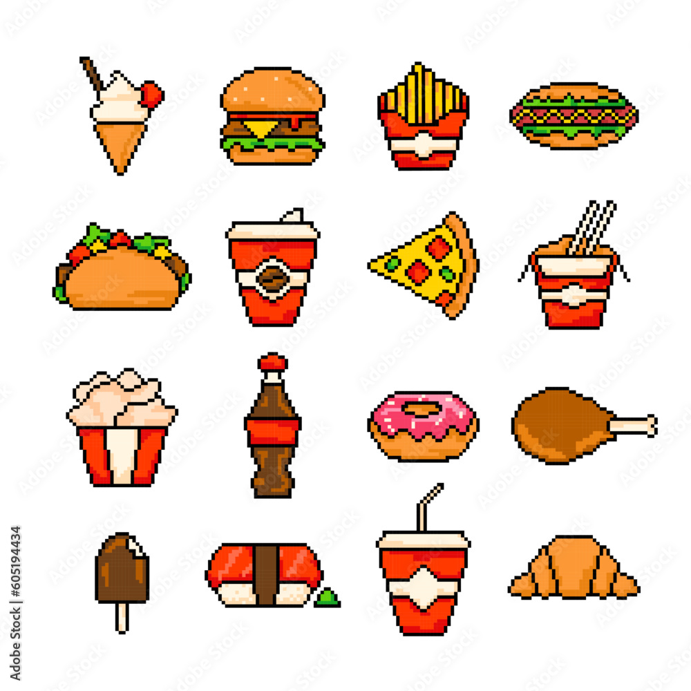 Grafika wektorowa Stock: Fast food pixel art icons set, fast restaurant ...