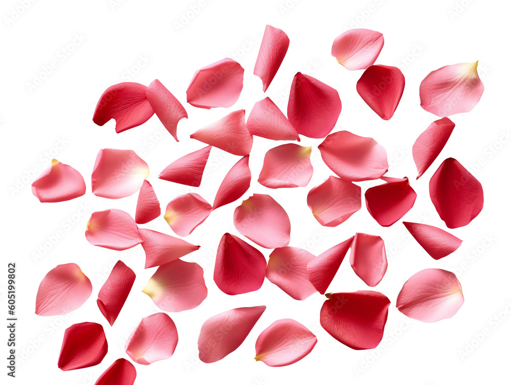 Pink rose petals are flying. Falling rose petals. Isolated on a ...